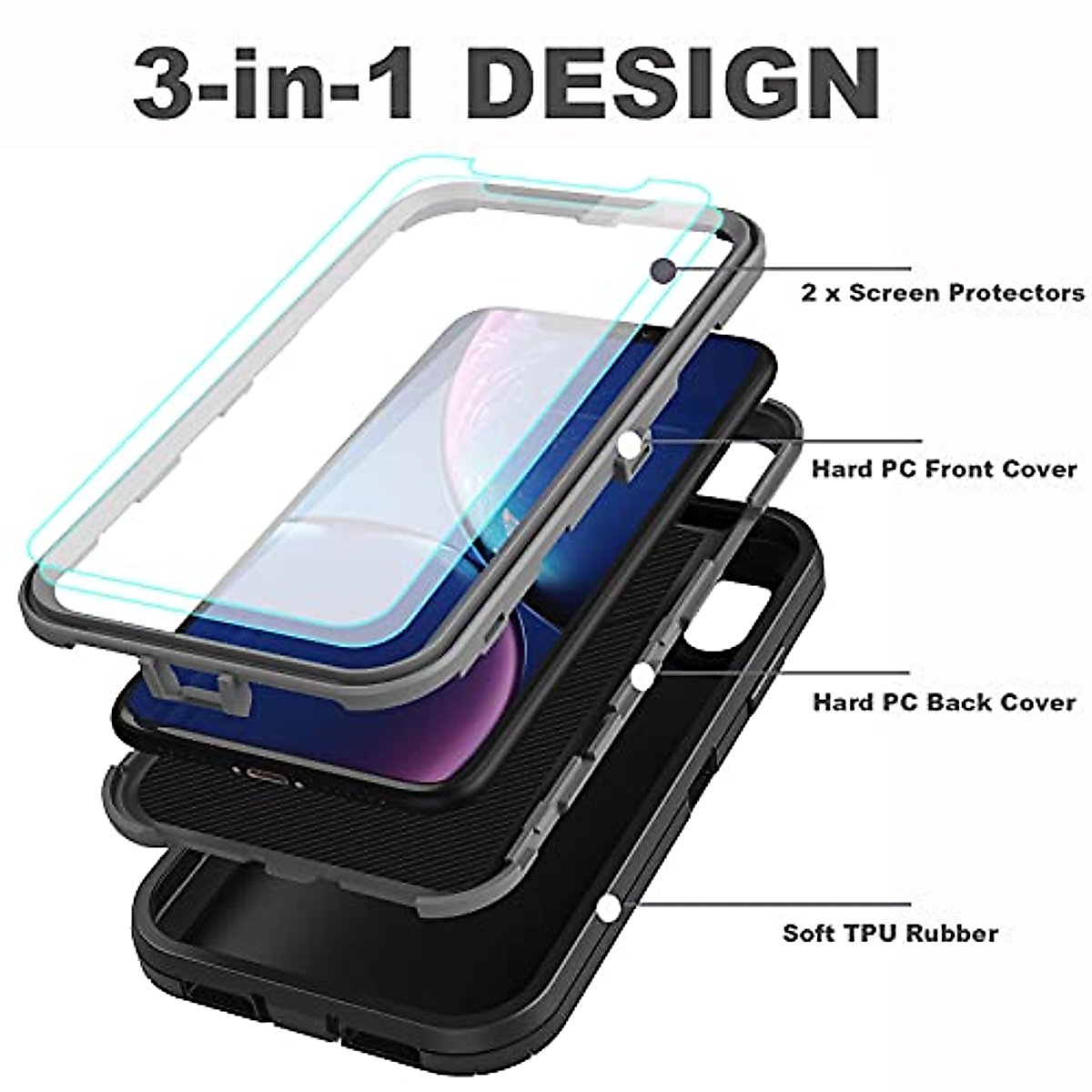 for iPhone XR Case with 2 x Screen Protector, Heavy Duty Shockproof/Drop Proof/Dust Proof 3-Layer Military Protection Full Body Rugged Defender Durable Cover for Apple iPhone XR (Black & Gray)