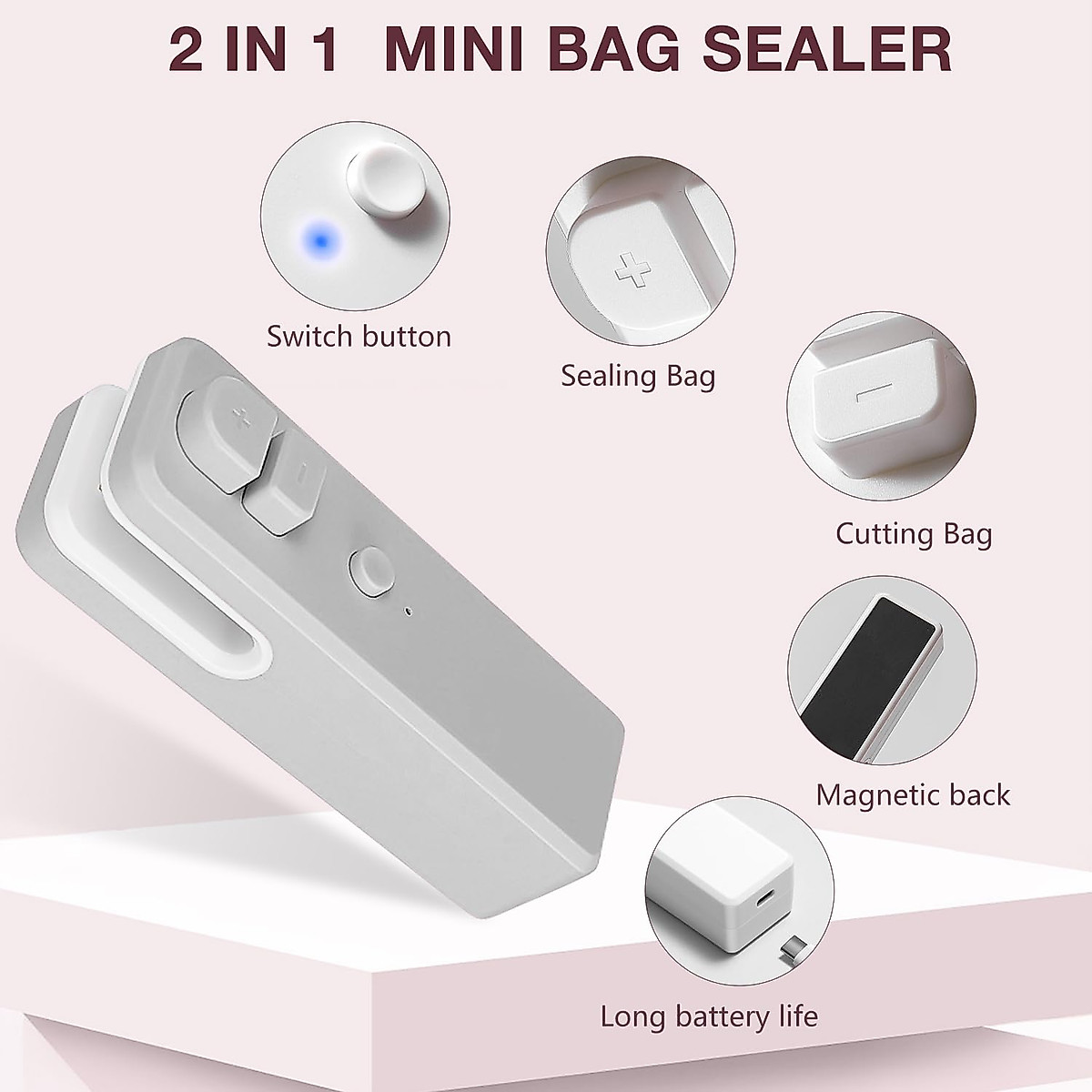 Mini Bag Sealer, 2024 Upgrade USB rechargeable Bag Sealer 2 in 1 Bag Sealer and Cutter Magnetic USB Rechargeable Mini Sealing Machine Heat Seal Tool for Plastic Bags,Snack Bags((Gray)