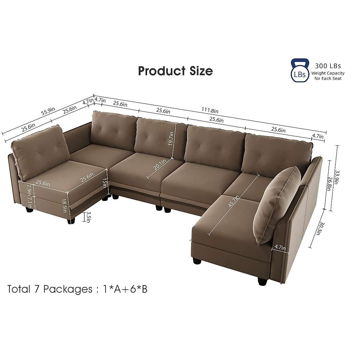 LLappuil Modular Sectional Sofa with Storage U Shaped Couch with Reversible Chaise Velvet Waterproof Anti-Scratch Sofas for Living Room 6 Seats Grey Brown