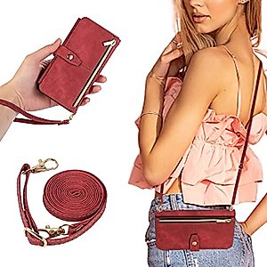 UEEBAI Crossbody Wallet Case for iPhone 13/iPhone 14 6.1 inch, 9 Card Slots Adjustable Crossbody Zipper Cover Detachable Lanyard Strap Flip Case with Hand Strap Kickstand Case - Red Wine