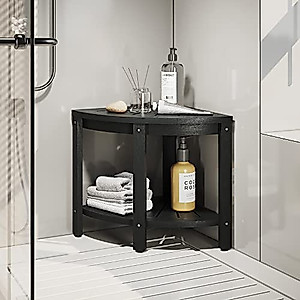 DWVO Poly Lumber Shower Bench 18" Shower Stool Corner Bench with Storage Shelf, Wood Texture Corner Seat for Bathroom, Spa, Corner Shower Stool for Bathroom Living Room (Black)