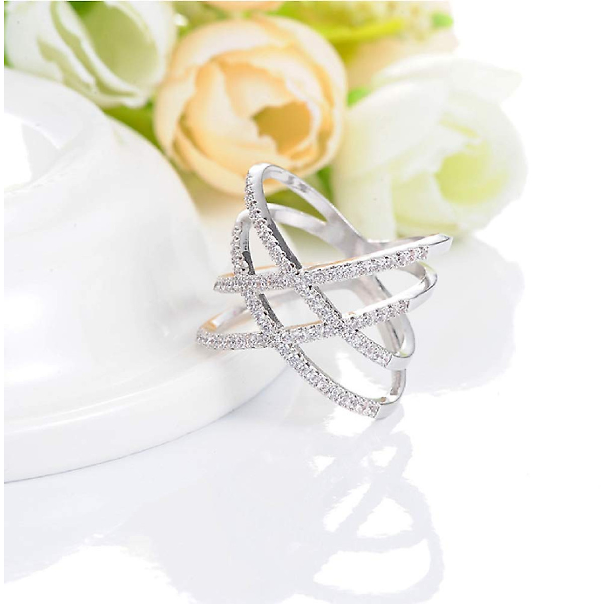 Blowin Double X Infinity Criss Cross Ring CZ Wide Band for Women Statement Engagement Enhancers Lady Ring, Silver Tone (6)