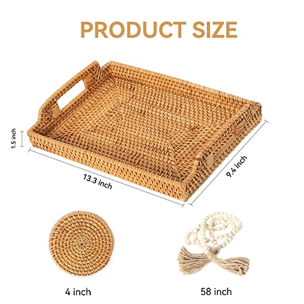 Rattan Tray, Rectangular Woven Tray, Decorative Serving Tray with Rattan Coasters and Wooden Bead Garland, for Drinks, Fruit, Bread Serving (13.3 Inch)