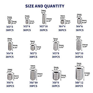 HEMEI 390Pcs M3/M4/M5/M6/M8 Hex Allen Head Socket Set Screw Assortment Kit Internal Hex Drive Flat Point 304 Stainless Steel Metric Grub Screw with 5pcs Hex Wrenches