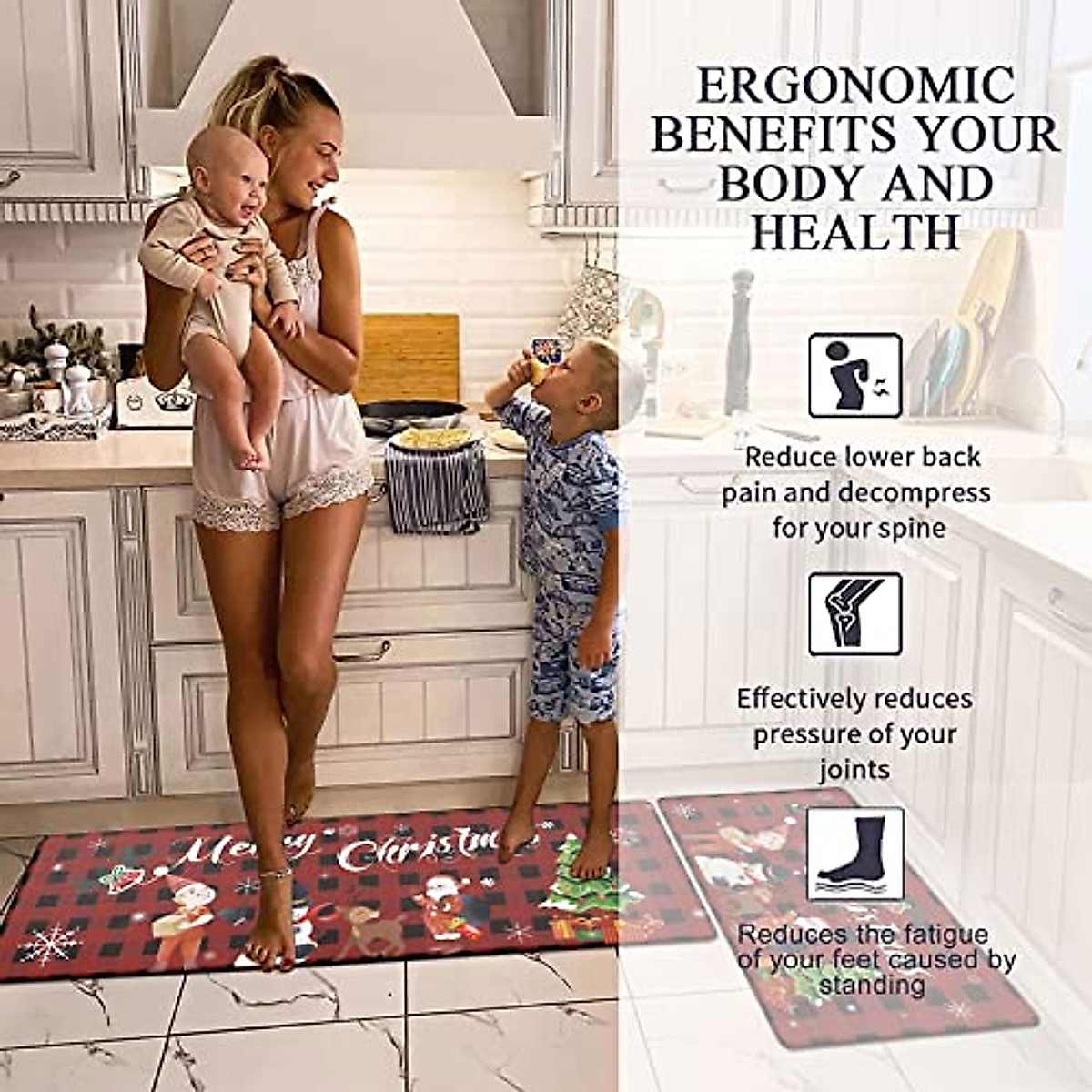 U'Artlines Christmas Anti Fatigue Kitchen Mats Set of 2 Farmhouse Kitchen Rugs and Mats Cushioned Kitchen Floor Mats Set Waterproof Comfort Standing Mats Non Slip Kitchen Rugs and Runner Sets (Red)