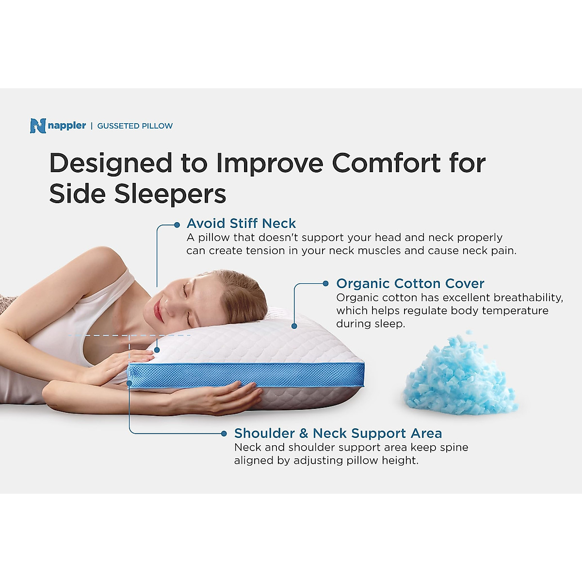 Nappler Side and Back Sleeper Pillow for Neck and Shoulder Pain Relief - Shredded Memory Foam Bed Pillow for Sleeping - 100% Adjustable Fill - Queen Size - Modal Washable Case. Extra Fill Included