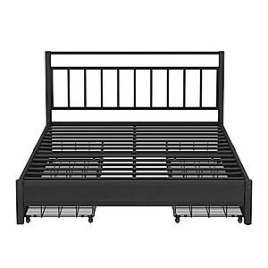 BIADNBZ Queen Size Storage Platform Bed with 4 Drawers,Sturdy Metal Low Bedframe with Headboard for Bedroom Guest Room,No Box Spring Needed, Black