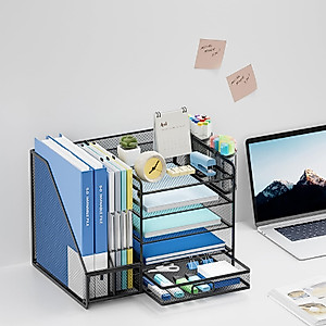Lavatino Desk Organizer with File Holder, 5-Tier Paper Letter Tray Organizer with Sliding Drawer and 2 Pen Holder, Mesh Desktop File Organizer for Office Supplies (Black)