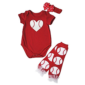 Petitebella Baseball Heart Baby Bodysuit Leg Warmer Nb-18m (Red, 0-3 Months)