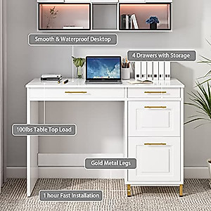 HOMBCK White Desk with Drawers, Modern White and Gold Desk with Drawers, Home Office Desk Small Computer Desk for Bedroom, Vanity Desk with 4 Drawers & Spacious Desktop, White/Gold