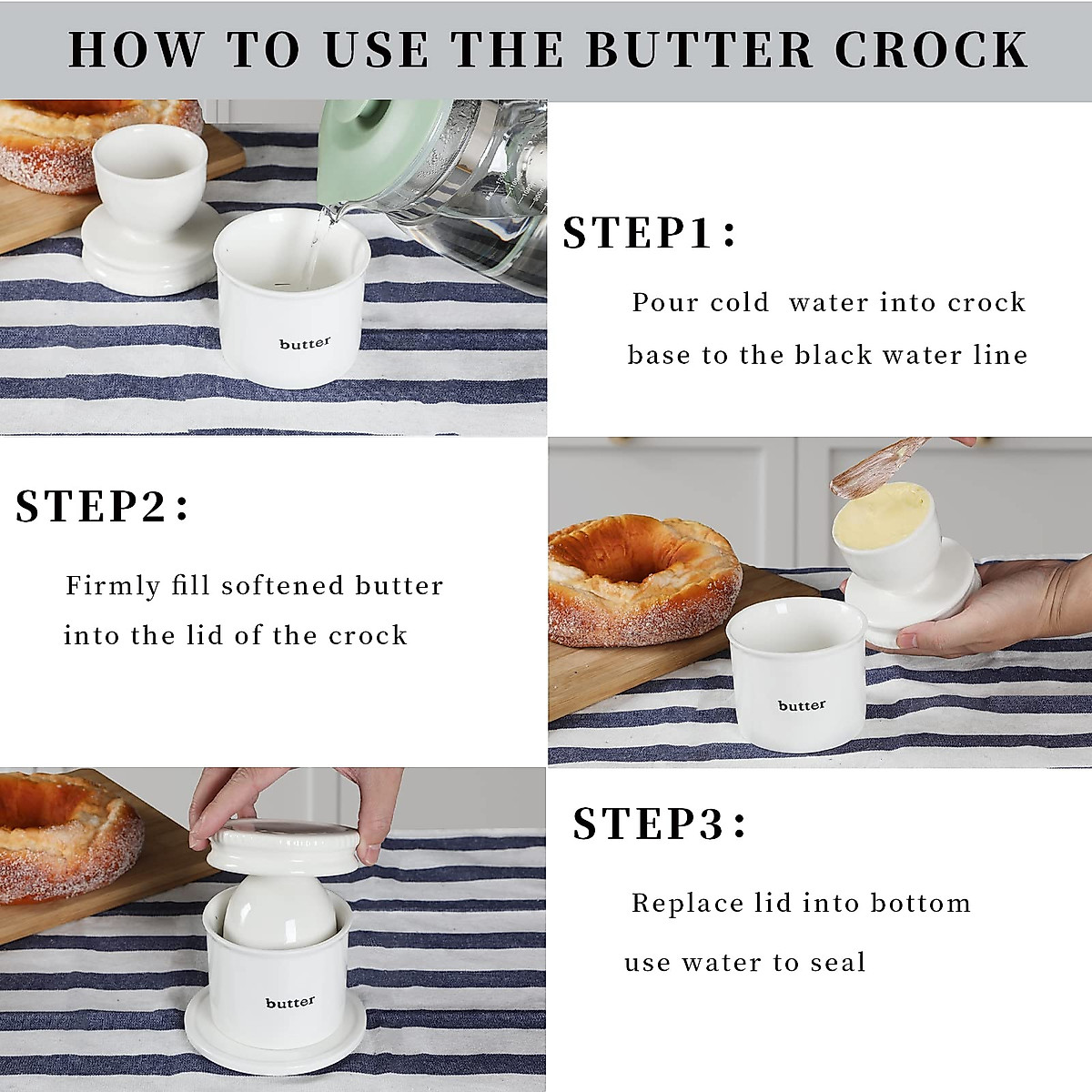 GDCZ Butter Dish With Water Line,Ceramics French Butter Keeper Crock With Lid, White