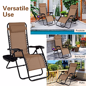 renatone Folding Zero Gravity Reclining Textilene Lounge Chairs, Outdoor Adjustable Patio w/Pillows & Cup Holder Trays for Backyard, Beach, Poolside (BE)