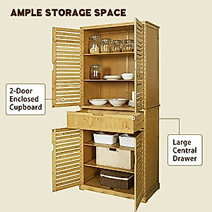 MUPATER Kitchen Pantry Storage Cabinet Microwave Hutch, 72'' Freestanding Bamboo Hutch Cabinet Buffet Cupboard Tall with Drawer and Doors for Home Kitchen Living Room