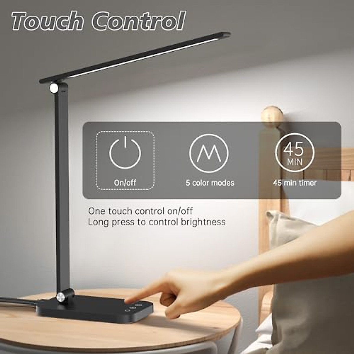 Bright Led Desk Lamp for College Dorm - Foldable Study Desk Light for Home Office, Modern Dorm Study Desk Lamps, 5 Light Mode Dimmable Brightness Eye-Caring Craft Task Lamp Reading Desktop Lamp,Black