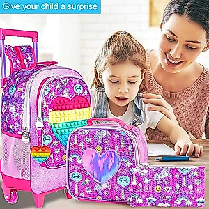 CCJPX 3PCS Kids Rolling Backpack for Girls, Unicorn Roller Wheeled Bookbag Toddler Elementary School Bag with Wheels Purple