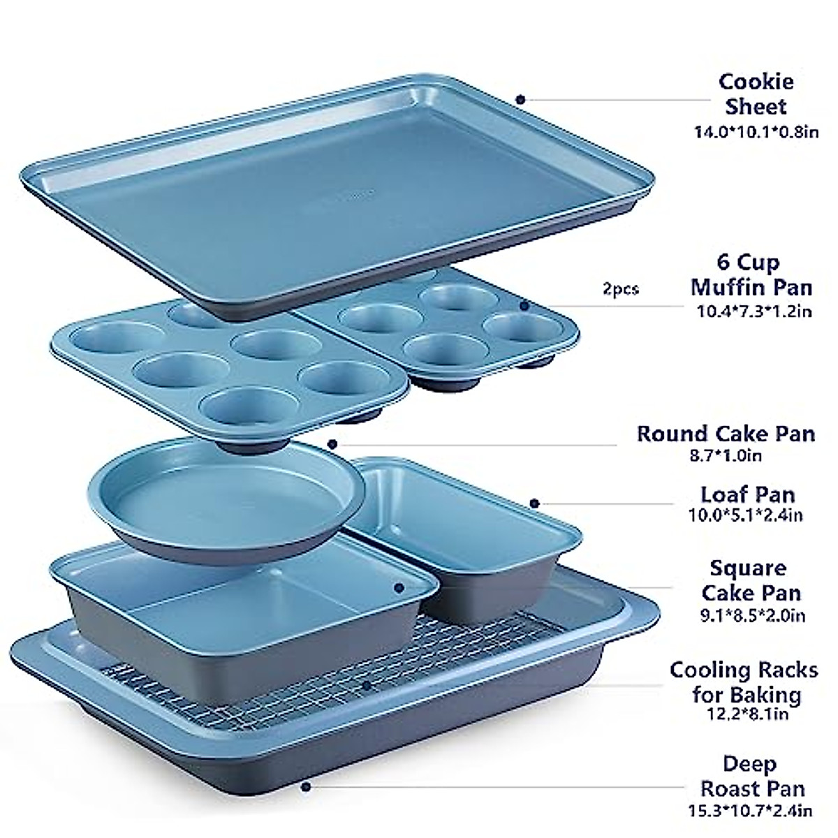 Baking Pans Set with Nonstick Coating - UltraThick Professional 8-Piece Bi-Color Pans including Cookie Sheet, Muffin, Loaf, Cake Pans, and Cooling Rack - Heavy Duty, Dishwasher Safe (Grey&Blue)