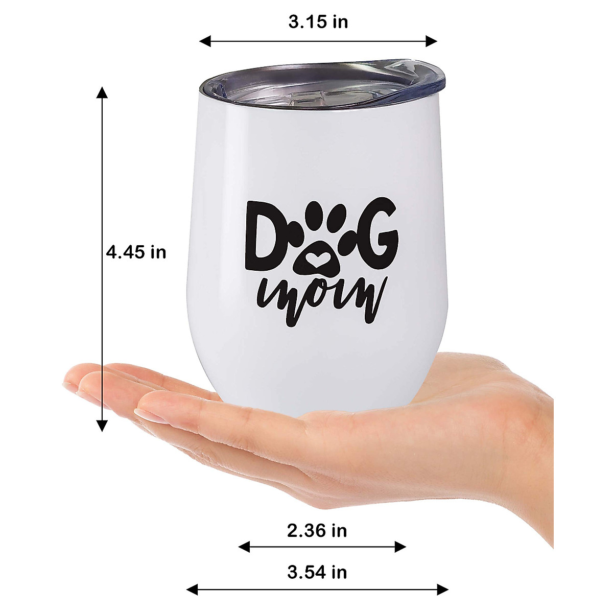 Fancyfams - Dog Mom - 12 oz Stainless Steel Stemless Wine Tumbler with Lid and Straw (Dog Mom - White)