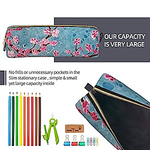 Cherry Blossom Sakura Leather Pencil Case Bag with Zipper Women Makeup Bag Durable Portable Suitable for School Work and Office 8.3 x 2.2 In