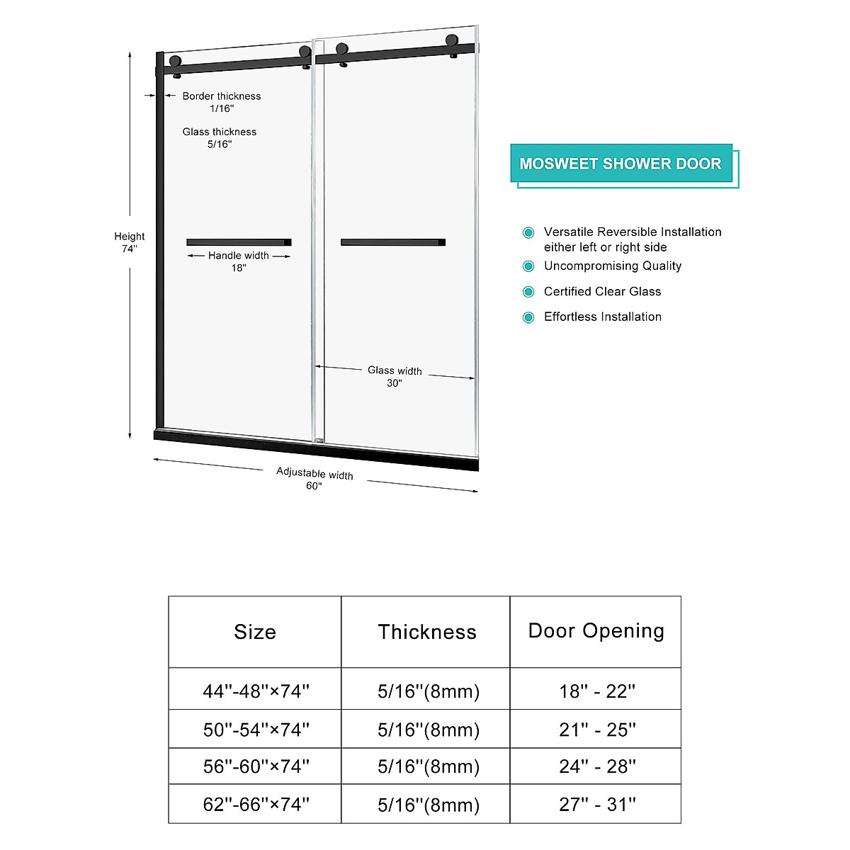 MoSweet Milano Double Sliding Shower Door, 60 in.W x 74 in.H Framed Shower Door 5/16"(8mm) Clear Tempered Glass, 18 inch Pull Handle, Stainless Steel Hardware, Matte Black Finished
