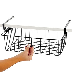 mDesign Large Metal Wire Hanging Pullout Drawer Basket - Sliding Under Shelf Storage Organizer - Attaches to Shelving - Easy Install - Black