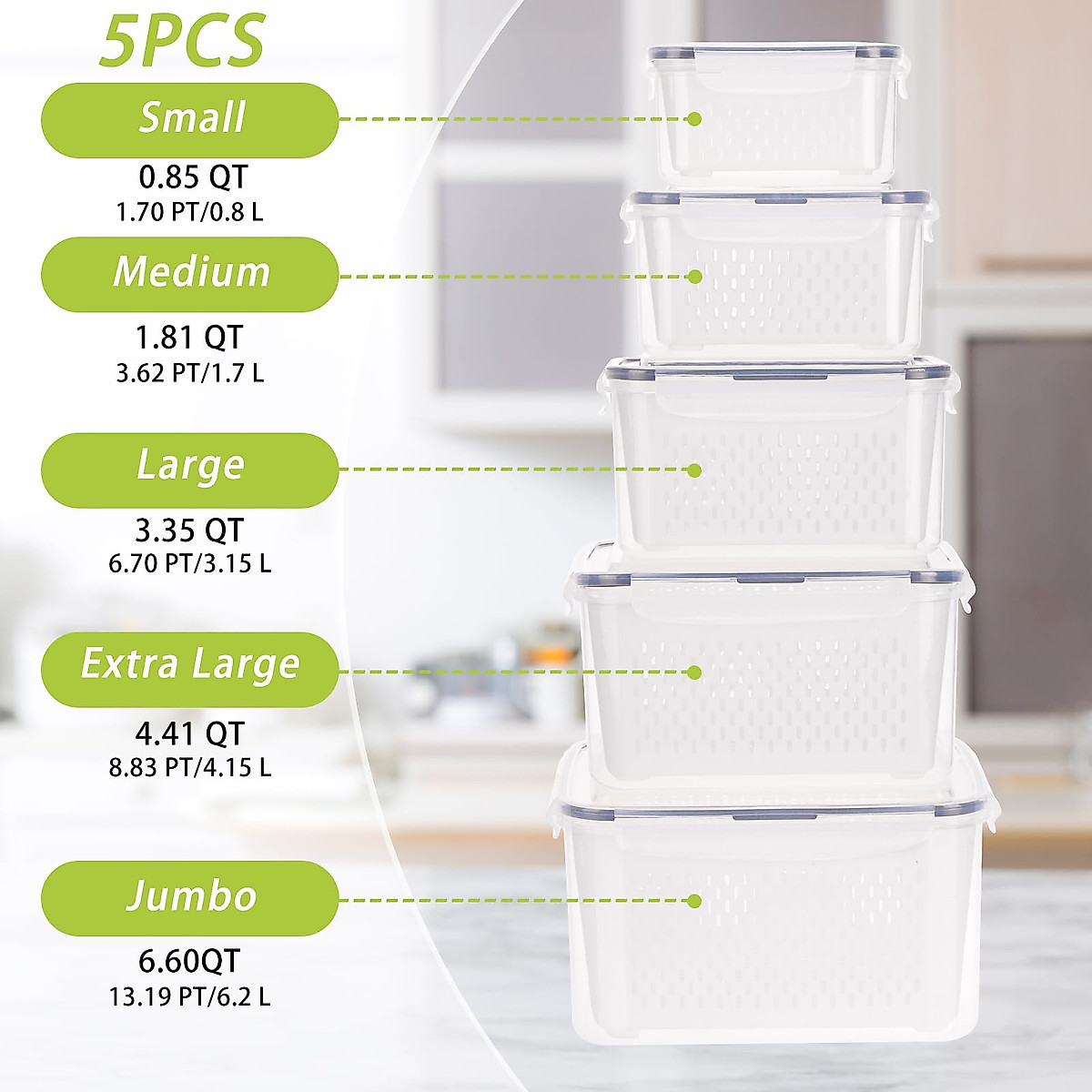 Moretoes 5pcs Fruit Containers for Fridge, Clear Berry Containers with Lid and Removable Colander Plastic Refrigerator Organizer for Food Fruits Lettuce Vegetables Berry Meat Kitchen Home