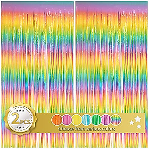 BEISHIDA 2 Pack Light Rainbow Foil Fringe Curtain Assorted Colorful Tinsel Metallic Curtains Photo Backdrop for Birthday Party Wedding Engagement Bridal Shower (3.28 x 6.56 ft)
