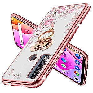 KuDiNi for TCL 4X 5G (T601DL) Case, Alcatel TCL 20A 5G (T768S) Case for Women Glitter Crystal Soft Bling Butterfly Heart Floral Clear Protective Cover with Kickstand+Strap for TCL 4X 5G (Rose Gold)