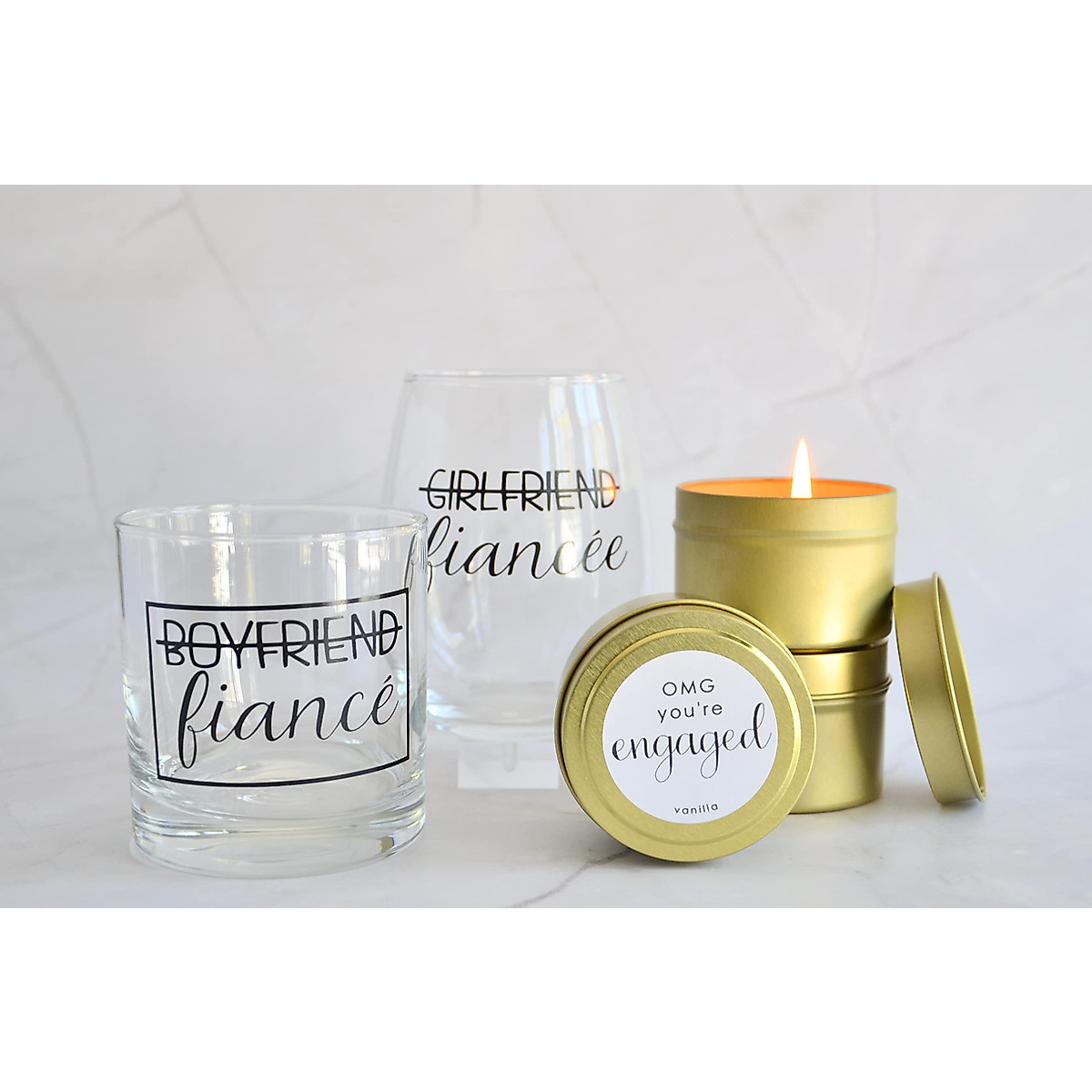 Engagement Gift Set for Couples - Boyfriend and Girlfriend Wine and Whiskey Glass With Candle - Fiance Fiancee Gift for Him and Her - His and Hers With Vanilla Scented Candle For Mr and Mrs