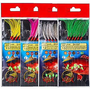Fishing Rigs with Feathers Mackerel Feather Rigs 10Packs 60 Hooks Mackerel Feathers Sea Boat Beach Pier Lure Fishing Rigs 6 Hook Positions/Feather Rig 4 Colors Selection Pack (Yellow 15#,10Pack)