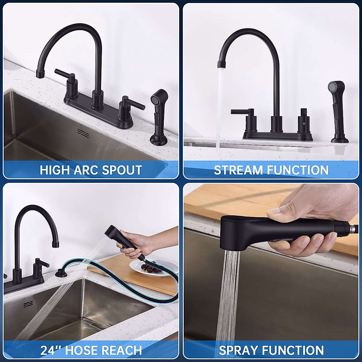 ARRISEA 8 inch Two Lever Kitchen Faucet with Pull Out Side Sprayer,Black Stainless Steel Two Handle Kitchen Sink Faucet,4 Hole Kitchen Faucets with Side Sprayer,Faucet for Kitchen Sink