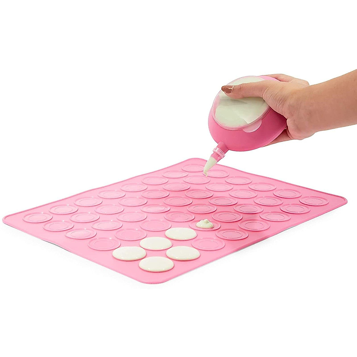 Macaron Baking Kit with Pink Silicone Mat Cookie Sheet, Piping Pot, 5 Nozzle Tips (7-Piece Set)