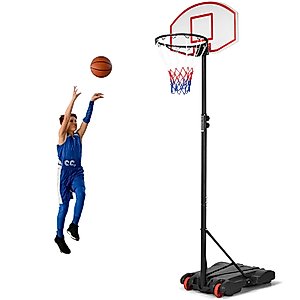 GYMAX Basketball Hoop, 7.1-8.1FT Adjustable Portable Basketball Goal w/Shatterproof Backboard, 2 Wheels & Nets, Indoor/Outdoor Basketball Hoop Stand System for Kids, Teens, Adult, Gym, Driveway