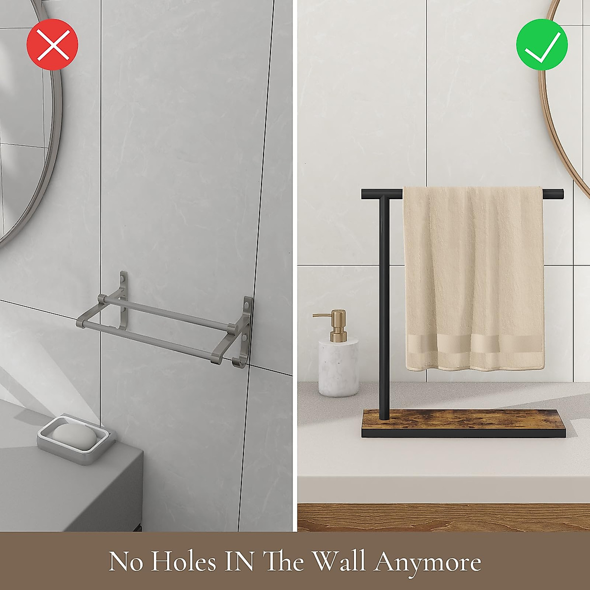 BCOZLUX Hand Towel Holder, Countertop Hand Towel Stand for Bathroom and Kitchen, Counter Towel Racks (Rustic Brown-Square Base-L Shape-Long)