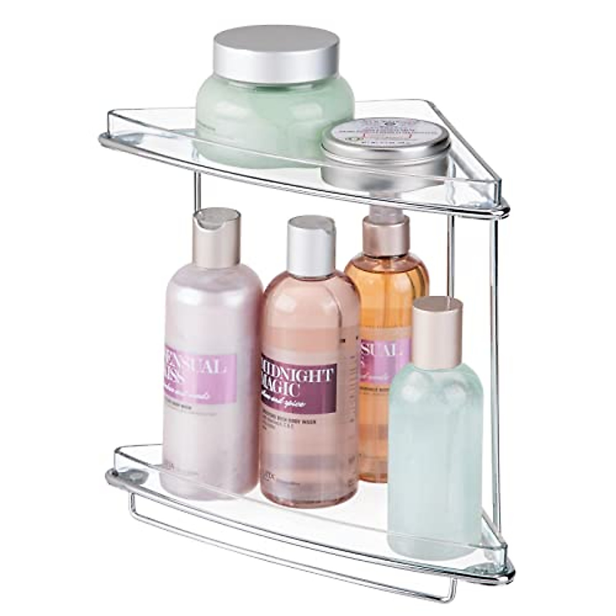 mDesign Steel/Plastic Freestanding Countertop Corner Shelf Organizer with 2-Tier Storage for Bathroom, Vanity, Cabinet, Counter - Holds Makeup, Bath Gel - Prism Collection - Clear
