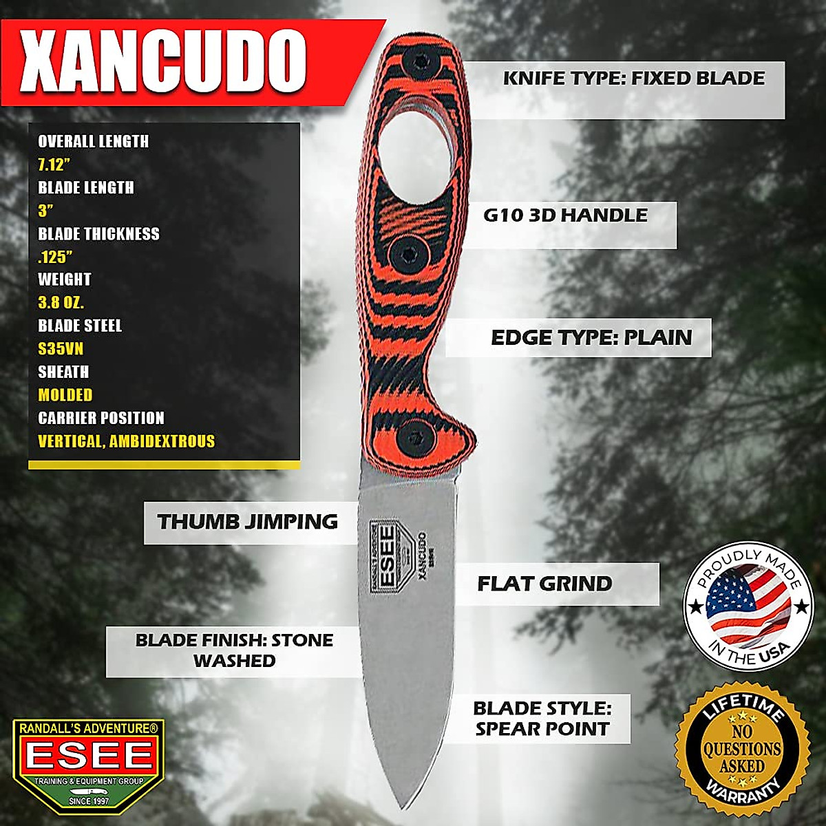ESEE Xancudo S35V Fixed Blade Knife with Black Sheath, Outdoor Knife with 3D Contoured Handle, Made in USA (Orange/Black G-10 w/Hole)