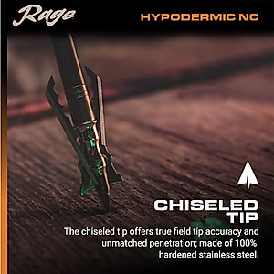 Rage Hypodermic NC 2-Blade 100gr Hunting Broadhead (R38100), Hybrid Tip, No Collar Blade Lock.035” Thick Swept-Back Angled Blades with a 2” Cutting Diameter, Machined Stainless Steel Ferrule, 3-Pack