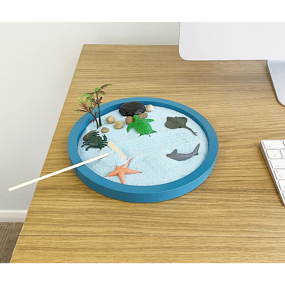 Japanese Zen Garden Mini Kit for Desk - Ocean Beach Theme - Relaxation, Meditation & Mindfulness - Gift for Birthdays, Christmas, Etc. - Includes Rake, Sand, 10+ Accessories! - Tray Diameter 8.5"