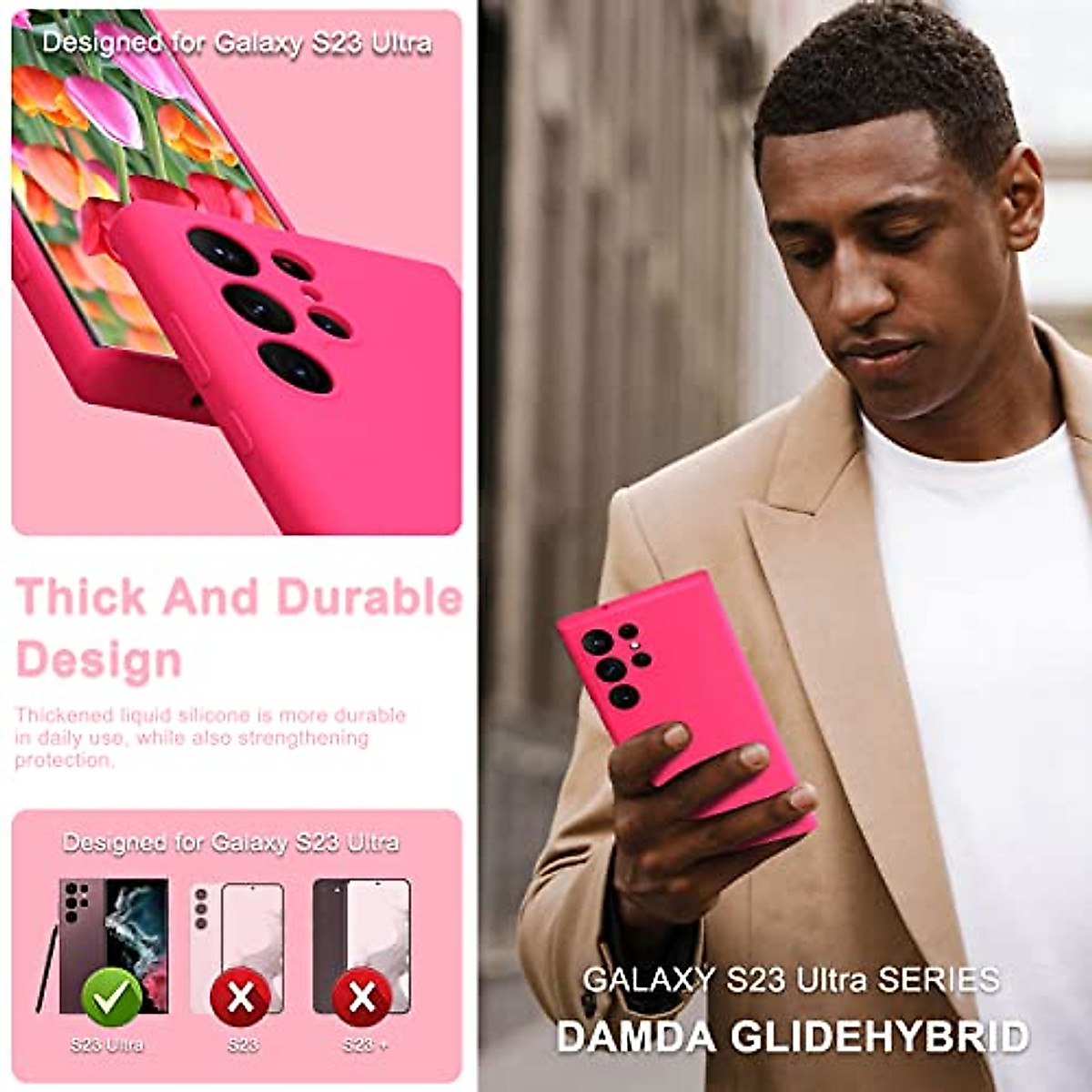 Samsung Galaxy S23 Ultra Silicone Case,Soft Touch Premium Liquid Rubber Shockproof Phone Cover [Slim Fit] [Upgraded Camera Protection] [Microfiber Lining],2023 Hot Pink