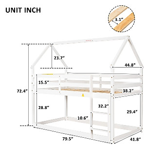 MERITLINE Bunk Bed Twin Over Twin for Kids, Wooden Tree House Bunk Beds with Ladder and Safety Guardrail, Floor Bunk Bed for Toddlers/Girls/Boys, White