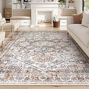 Sungea Vintage 8x10 Area Rugs,Soft Non Slip Living Room Rug Large Washable Rugs Retro Rugs for Bedroom,Stain Resistant Floor Carpet Floral Pattern Low Pile Rug for Dining Room(Taupe)