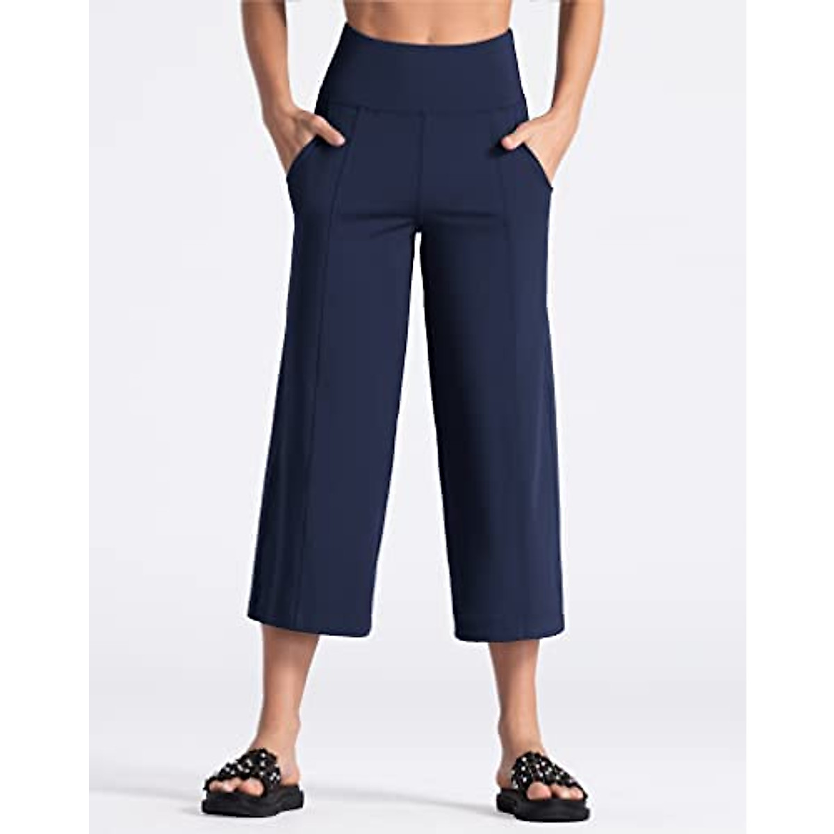 THE GYM PEOPLE Bootleg Yoga Capris Pants for Women Tummy Control High Waist Workout Flare Crop Pants with Pockets (Navy Blue, X-Large)