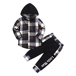 Axumity Toddler Boy Clothes Hoodie Sweatsuit Outfits Kids Flannel Plaid Shirt Top Colorblock Pants Set for Fall Winter Spring(3-4t)