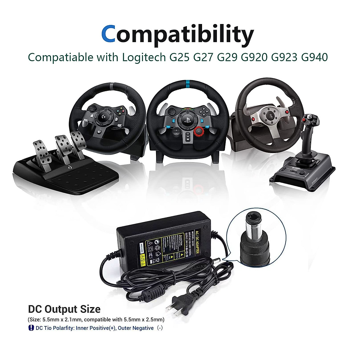 Replacement 24V AC DC Power Supply Cord for Logitech G25 G27 G29 G920 G923 G940, Logitech Racing Wheel APD DA-42H24 AD10110LF 190211-0010 190211-A030 PS3 Xbox 360 GT Adapter Charger Cord Cable