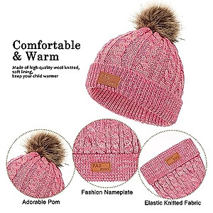 Enwokran 3pcs Kids Winter Hat Scarf Gloves Set, Fleece Lining Beanie Hat with Pom, Knit Gloves Neck Warmer for Girls Boys 2-6 Years Old (Pink)