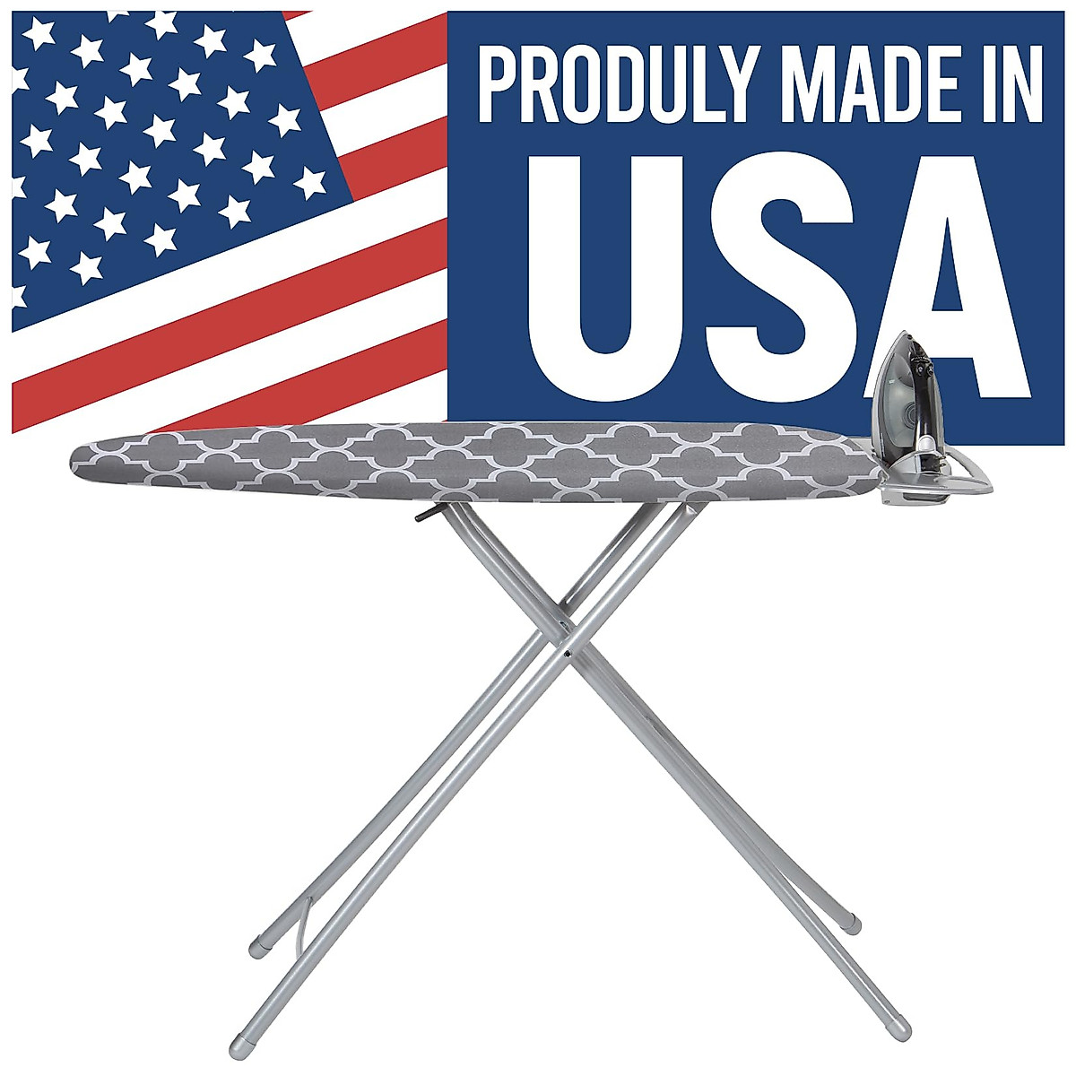 Tidy Zebra Ironing Board Made in USA – Compact Space Saving Standard Ironing Table with Extra Thick Cotton Ironing Boards Cover & Iron Rest – Collapsible Ironing Board for Easy Storage