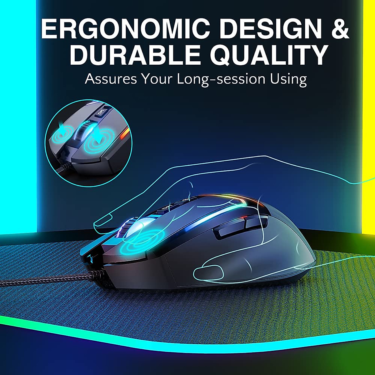BENGOO Wired Gaming Mouse, PC Computer Mice USB Mouse with 6 RGB LED Modes, High-Precision 6 Adjustable DPI Up to 8000, 7 Programmable Buttons, Ergonomic Optical Mouse for Windows PC Mac Laptop Gamer
