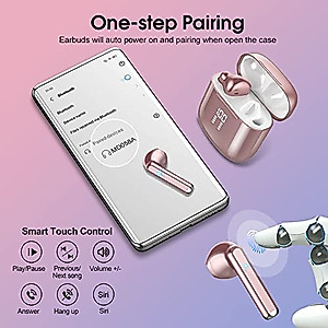 Wireless Earbuds, Bluetooth 5.3 Headphones with 4-Mics Clear Call and ENC Noise Cancelling, Bluetooth Earbuds Touch Control Stereo Sound with LED Display, Waterproof Running Headphones (Rose Gold)