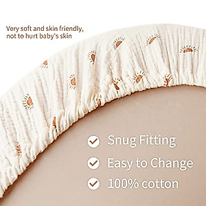 Konssy 2 Pack Soft Breathable Muslin Fitted Bassinet Sheets for Baby Girl Boy, Fit Oval Rectangle Cradle, Moses Basket Pad/Mattress (Camel, Sun)