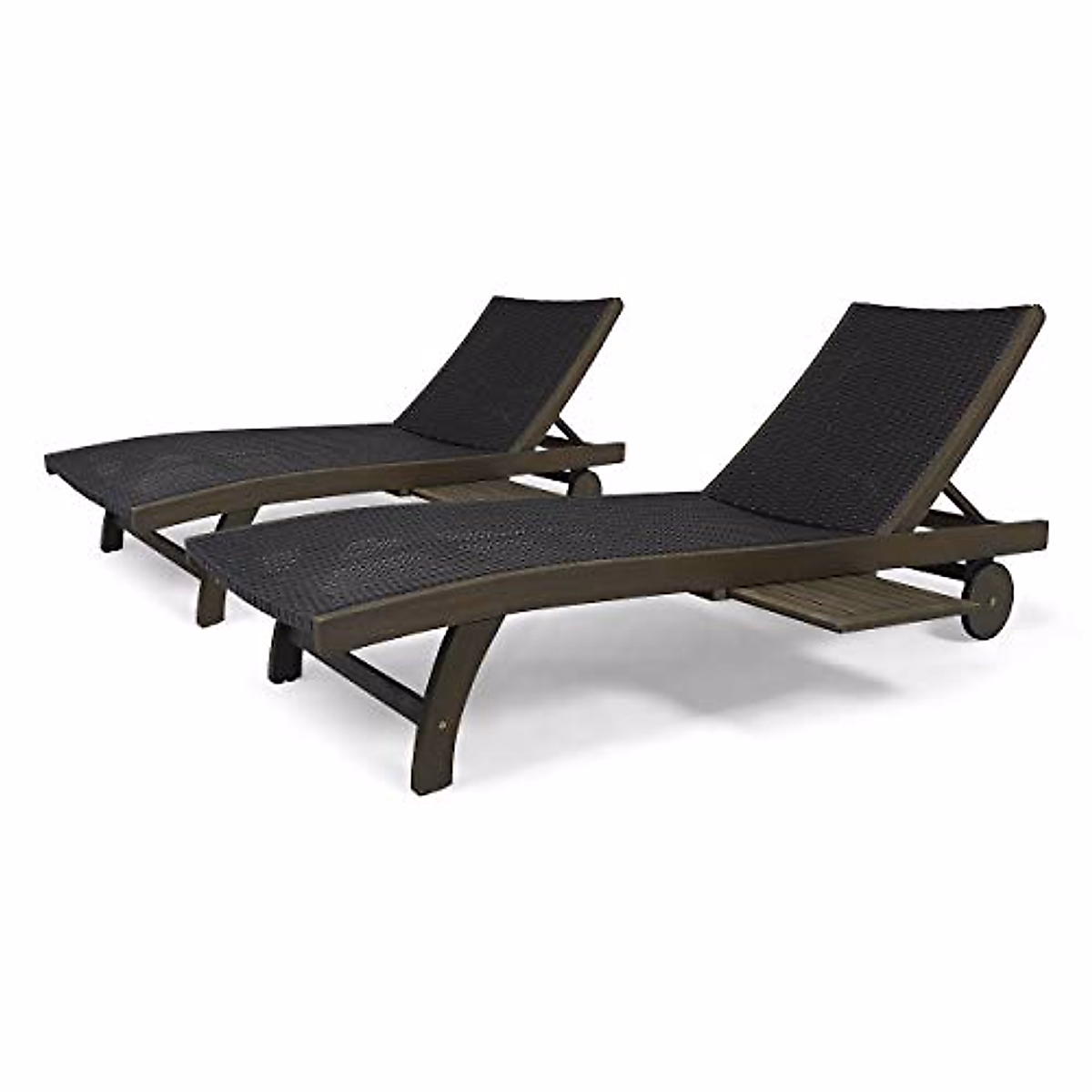 Great Deal Furniture Kimberley Outdoor Wicker and Wood Chaise Lounge with Pull-Out Tray, Set of 2, Gray