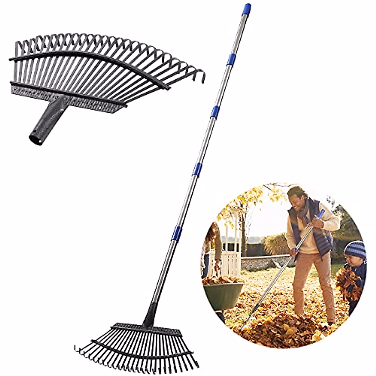 HOSKO 79 Inch Leaf Rake, 25 Tines Garden Rakes with Adjustable Sectional Handle for Quick Clean Up of Lawns, Garden, Farm, Pasture, Yard and Chicken Coop